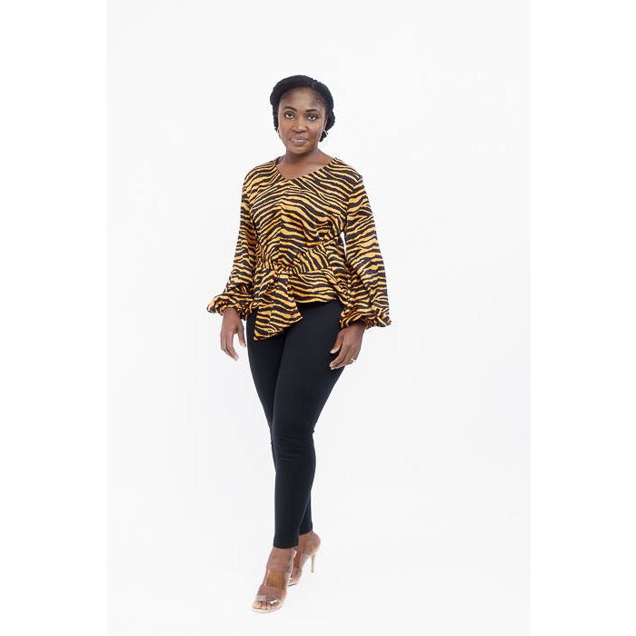 Mustard and Black strips v-round neck with bishop sleeves – Awura's ...
